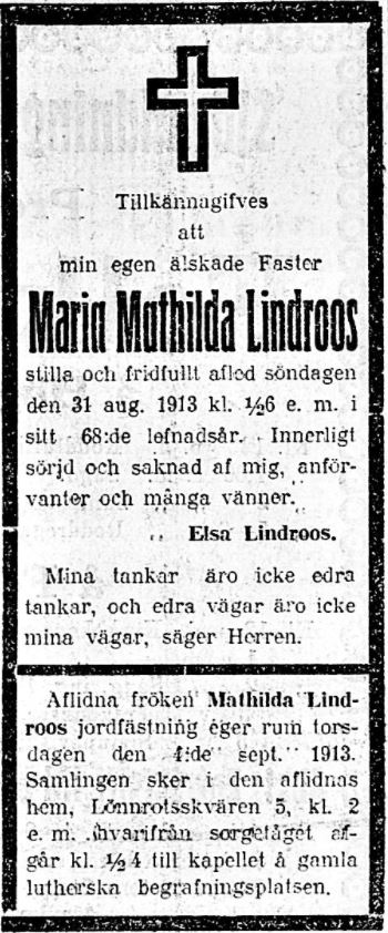 Mathilda Lindroos och hennes testamente. – Kristinestads historia